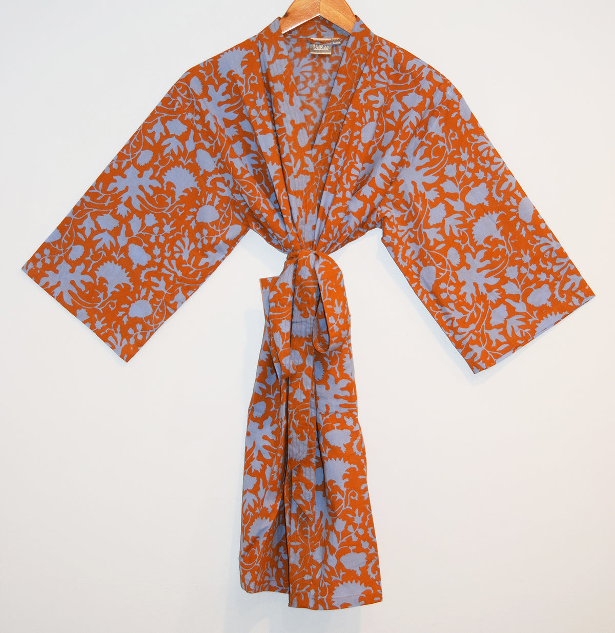 Amisha | Kerala Short Cotton Block Print Robe | Shadow Floral Orange ...