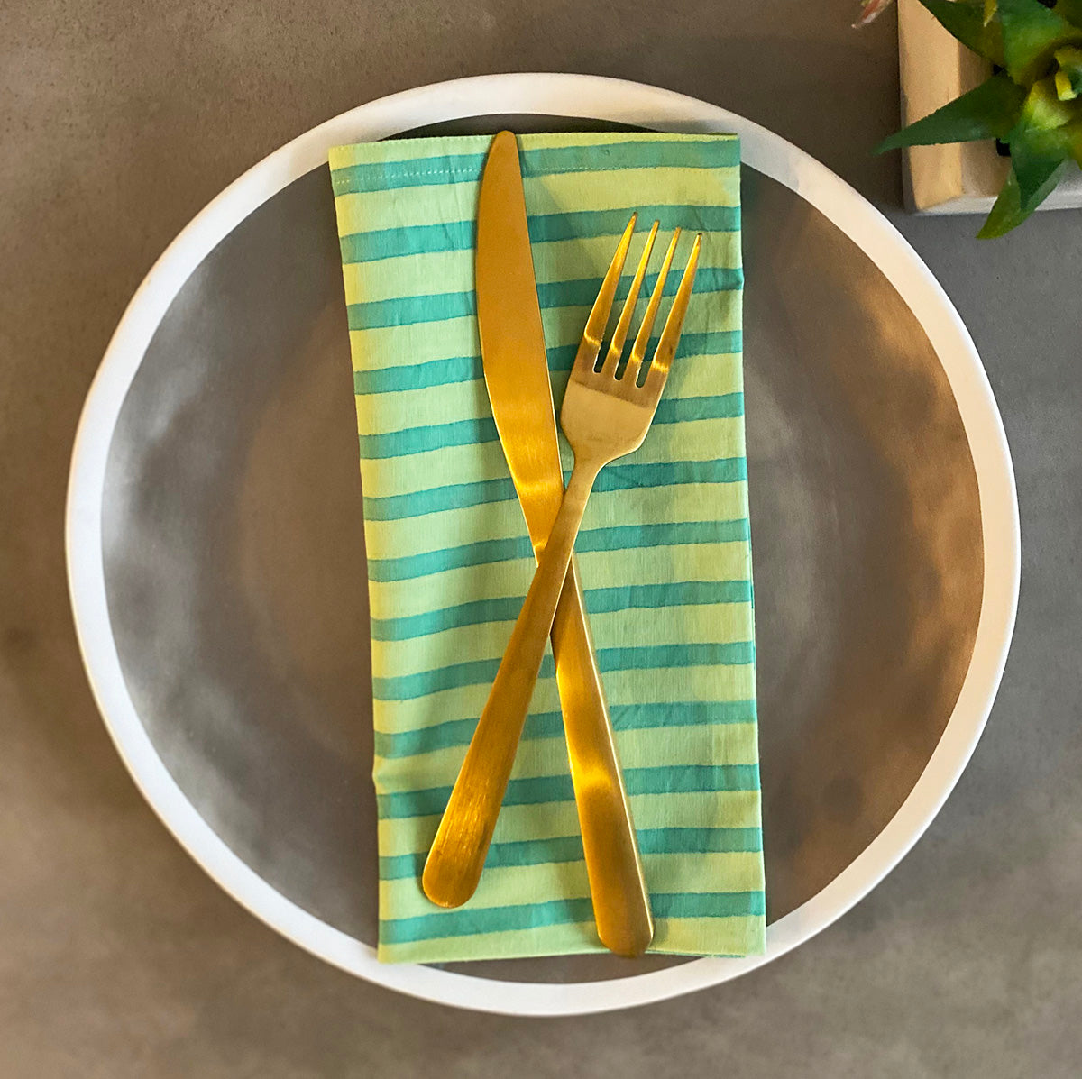Amisha Design | Hand Block Printed Cotton Napkins | Green Stripe