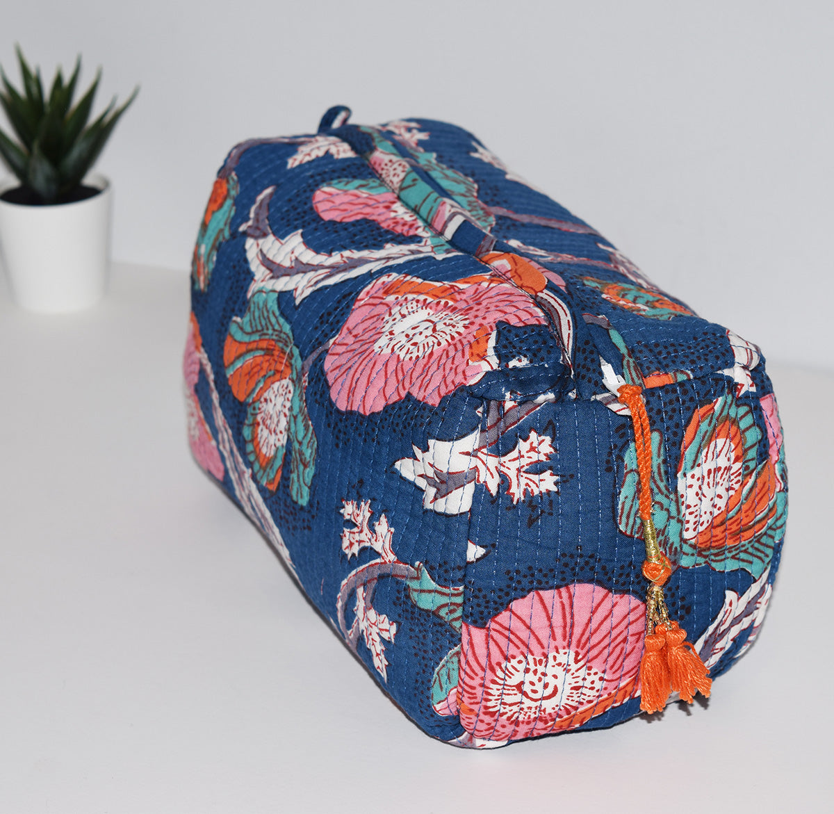 Amisha | Block Print Classic Waterproof Toiletry Bag | Navy Floral ...