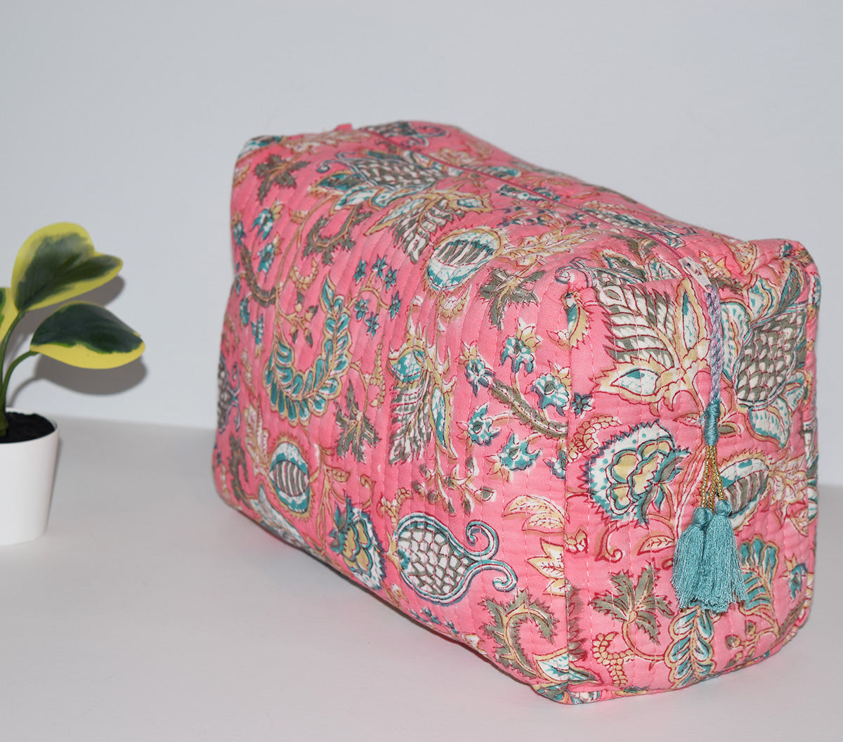 Amisha | Block Print Jumbo Waterproof Toiletry Bag | Pink Garden ...