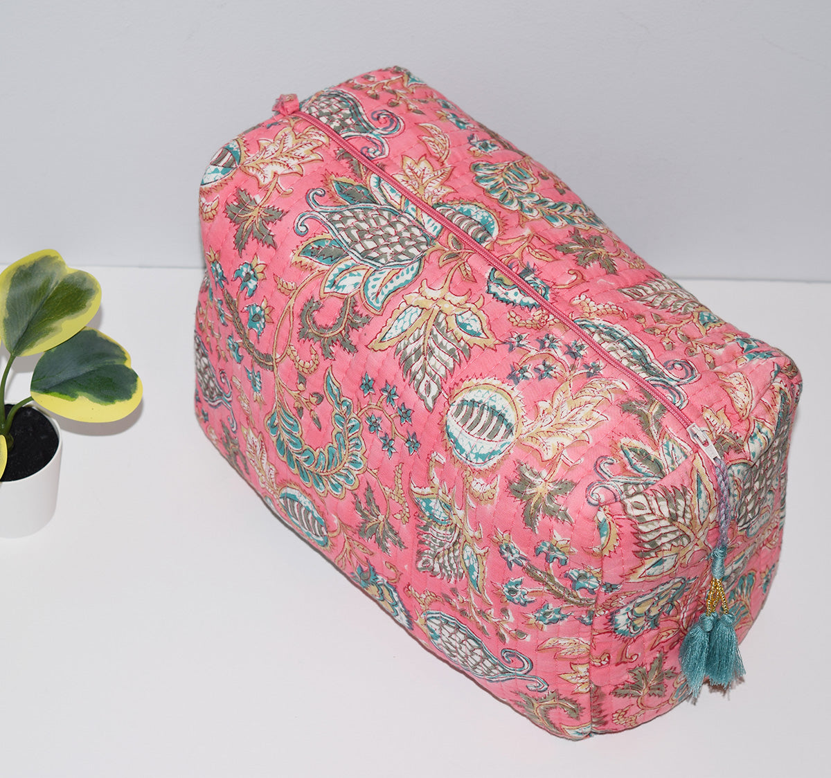 Amisha | Block Print Jumbo Waterproof Toiletry Bag | Pink Garden ...