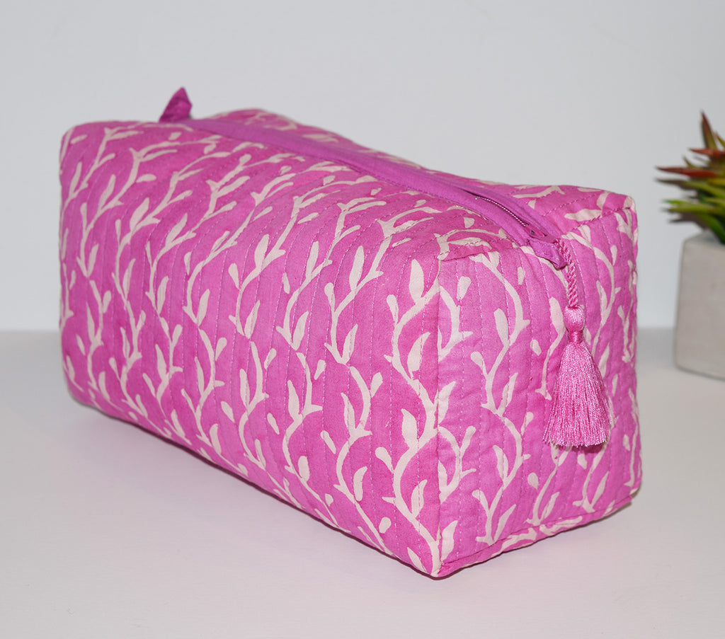 Amisha | Large Block Printed Waterproof Toiletry Bag | Vines Pink ...