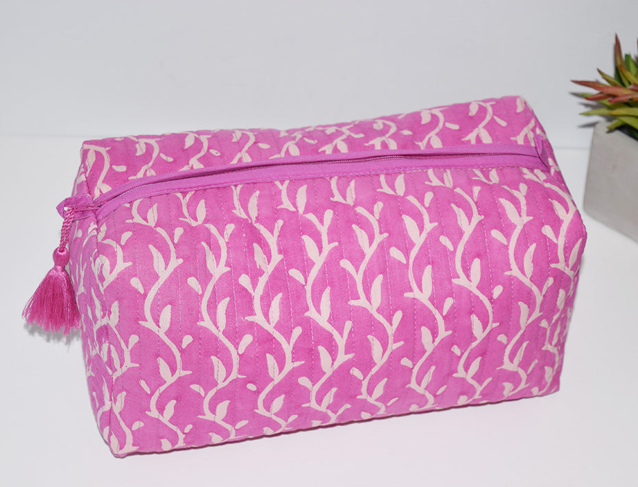 Amisha | Large Block Printed Waterproof Toiletry Bag | Vines Pink ...