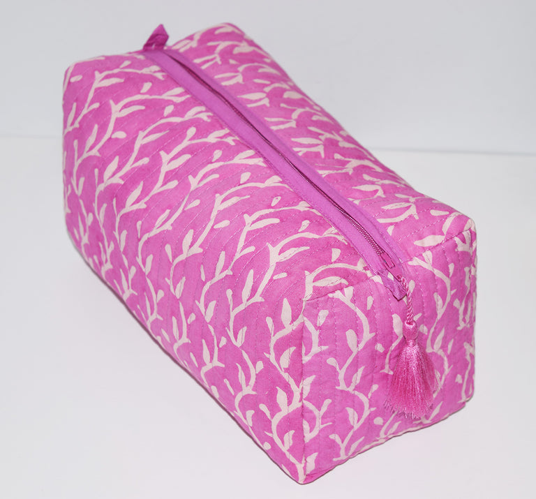 Amisha | Large Block Printed Waterproof Toiletry Bag | Vines Pink ...