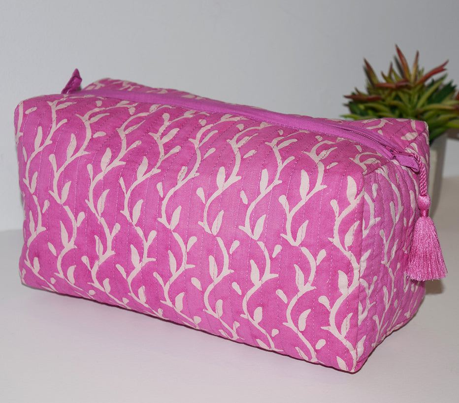 Amisha | Large Block Printed Waterproof Toiletry Bag | Vines Pink ...